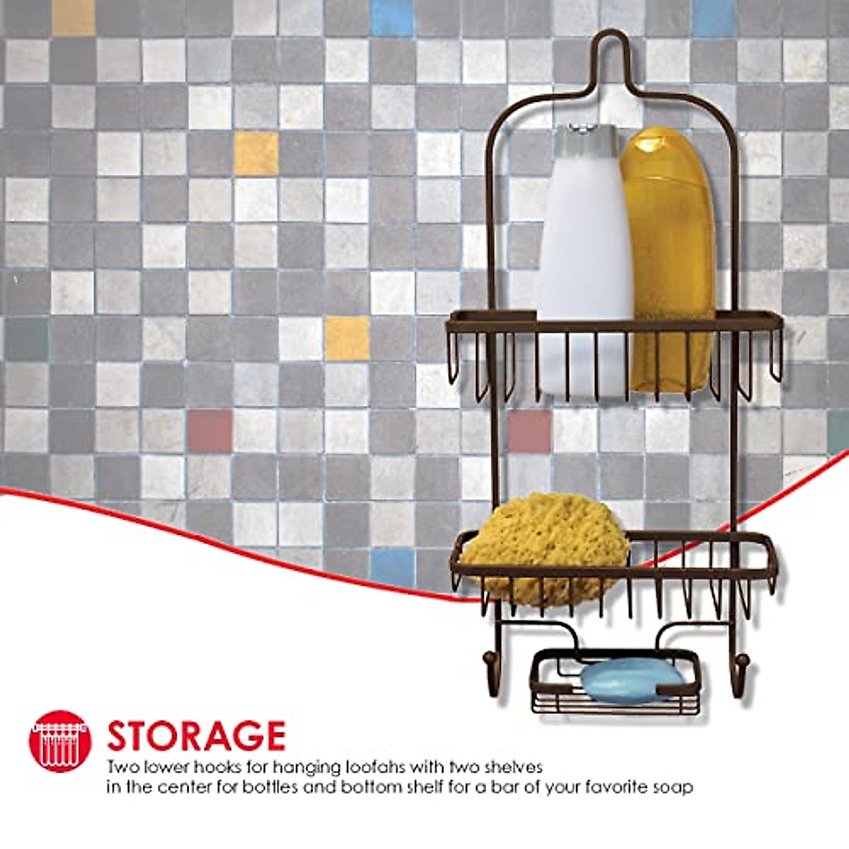 Home Basics Bronze Heavyweight 2-Tier Shower Caddy | Over the Shower head with Rubber Collar | Maximize Storage | 2 Shelves | 2 Hooks