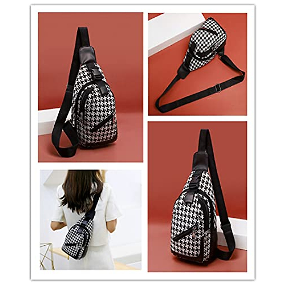 DAISHA Houndstooth canvas Casual Sling Backpack Multi-pocket,Travel Hiking Chest Bag Crossbody Daypack for Men & Women., Black, ytt3717