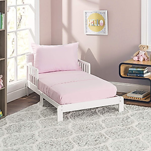 EVERYDAY KIDS 4 Piece Toddler Bedding Set - includes Comforter, Flat Sheet, Fitted Sheet and Reversible Pillowcase - Solid Pink