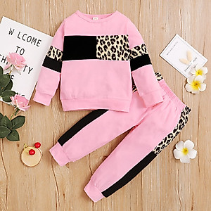 Tikoubabe Toddler Girl Clothes Baby Sweatshirt Leopard Fall Winter Outfits Long Sleeve Tops Pants Set 2 Pcs Pink 4-5 Years 120CM