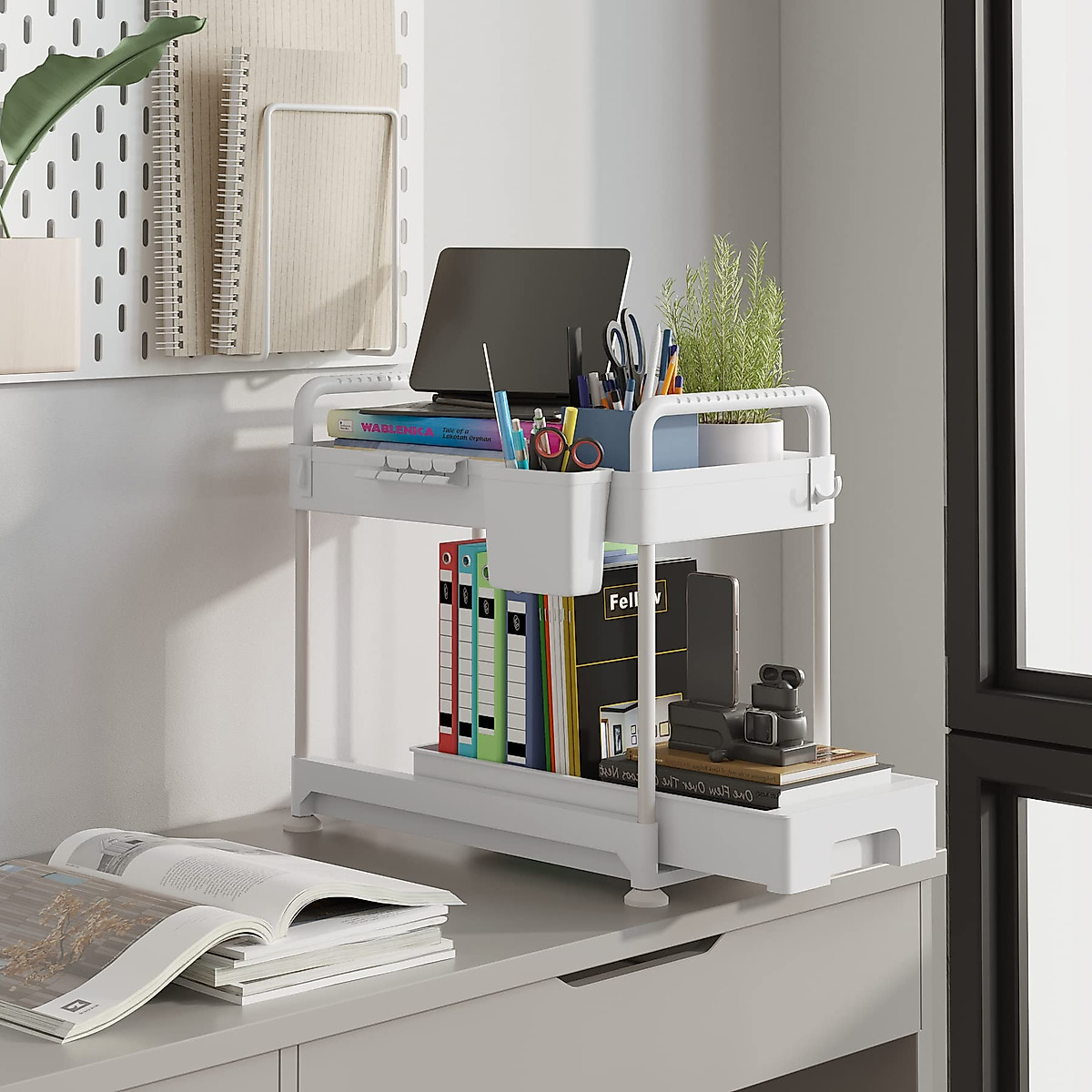 DAILOU Under Sink Organizers and Storage 2 Pack, Bathroom Cabinet Organizer with Sliding Drawers, 2 Tier Kitchen Under Cabinet Storage with Handles, Hooks and Hanging Cup (White)