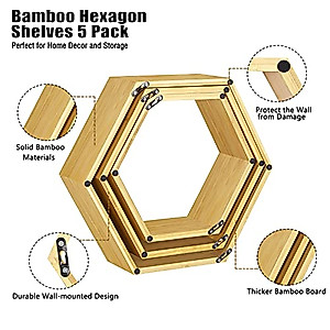 Hexagon Shelves Wall Floating Hexagonal Shelves Set of 5 Honeycomb Bamboo Shelves Floating Storage Display Shelves for Wall Decor Honey Comb Shelf Farmhouse Hexagon Rack in Living Room Bedroom Study