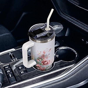 40 Oz Vacuum Tumbler with White Handle Leakproof Insulated Tumbler Paris Eiffel Tower with Flowers Stainless Steel Travel Mug with Lid And Straw Coffee Cup Cute Water Bottles Cup Holder Friendly