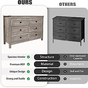 CATMIX Farmhouse 6 Drawers Dresser, Wood Double Dresser Chest of Drawers Wide Storage Organizer Cabinet for Bedroom, Living Room, Rustic Grey