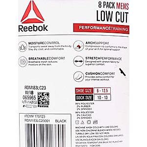 Reebok Mens Low-Cut Socks Performance Training 8 Pairs, Size 10-13 (Black)