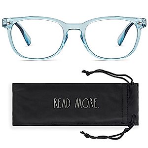 Rae Dunn "JUDY Blue Light Blocking Reading Glasses w/READ MORE Signature Font Microfiber Case (Crystal Dusty Blue, 2.0)