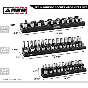 ARES 60160-6-Piece Magnetic Socket Organizers - Metric and SAE Set Black and Green -1/4 in, 3/8 in, 1/2 in Socket Holders -143 Pieces of Standard (Shallow) and Deep Sockets -Organize Your Tool Box