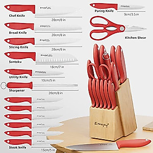 Knife Set 15-Piece Kitchen Knife Set with Block Wooden,Chef Knife Set with Sharpener,High Carbon Stainless Steel Knife Block Set by Emojoy,Red
