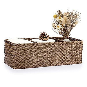Sumnacon Bathroom Organize Basket, Seagrass Toilet Tank Basket with Section for Tissue Toilet Paper Towel Toiletries, Woven Storage Basket for Kitchen Toilet Tank Vanity Table Shelf Countertop, Coffee