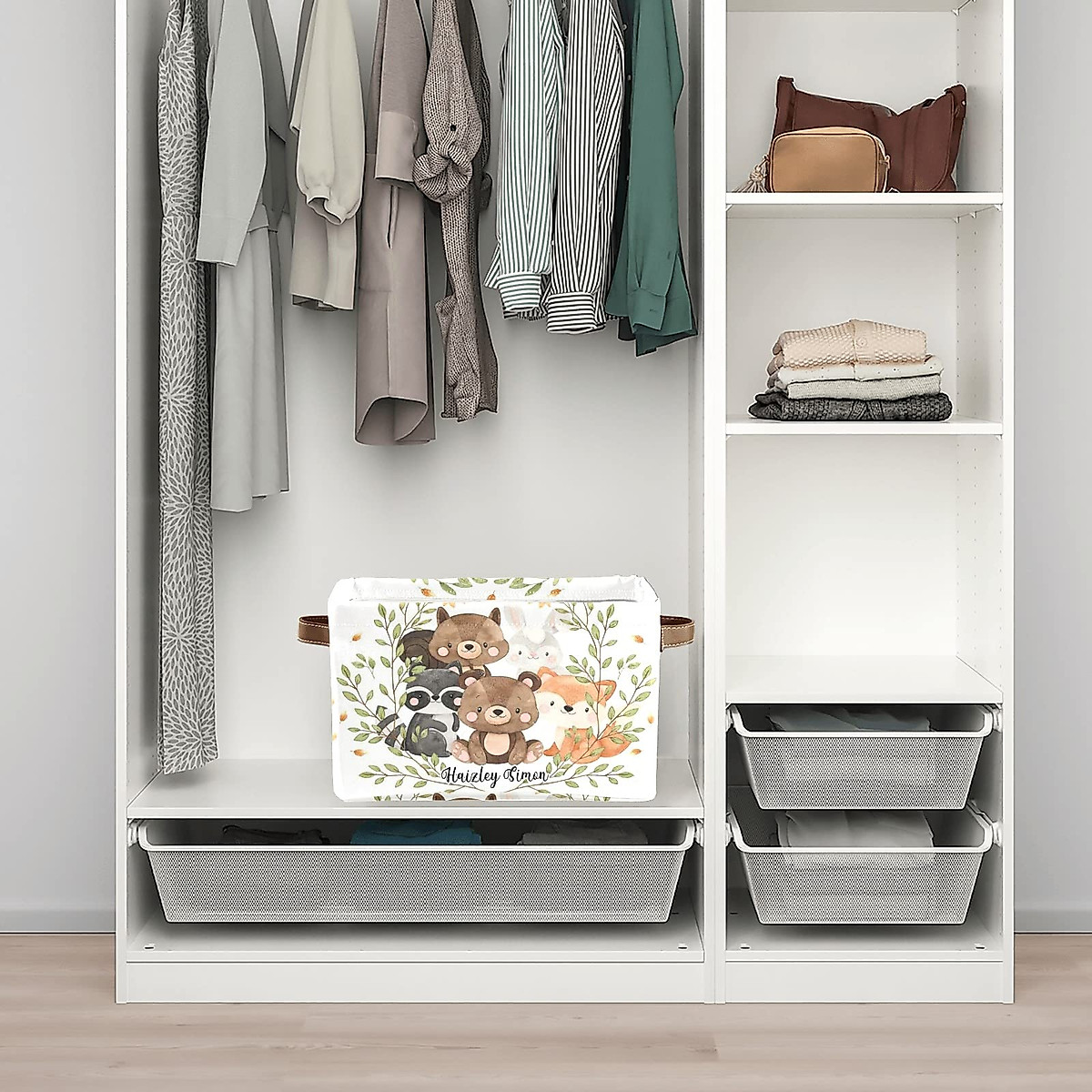 Cute Woodland Animals Personalized Storage Bins Custom Baskets Cubes Organizer With Handle for Home Nursery Supplies Clothes Toy 2 Pack