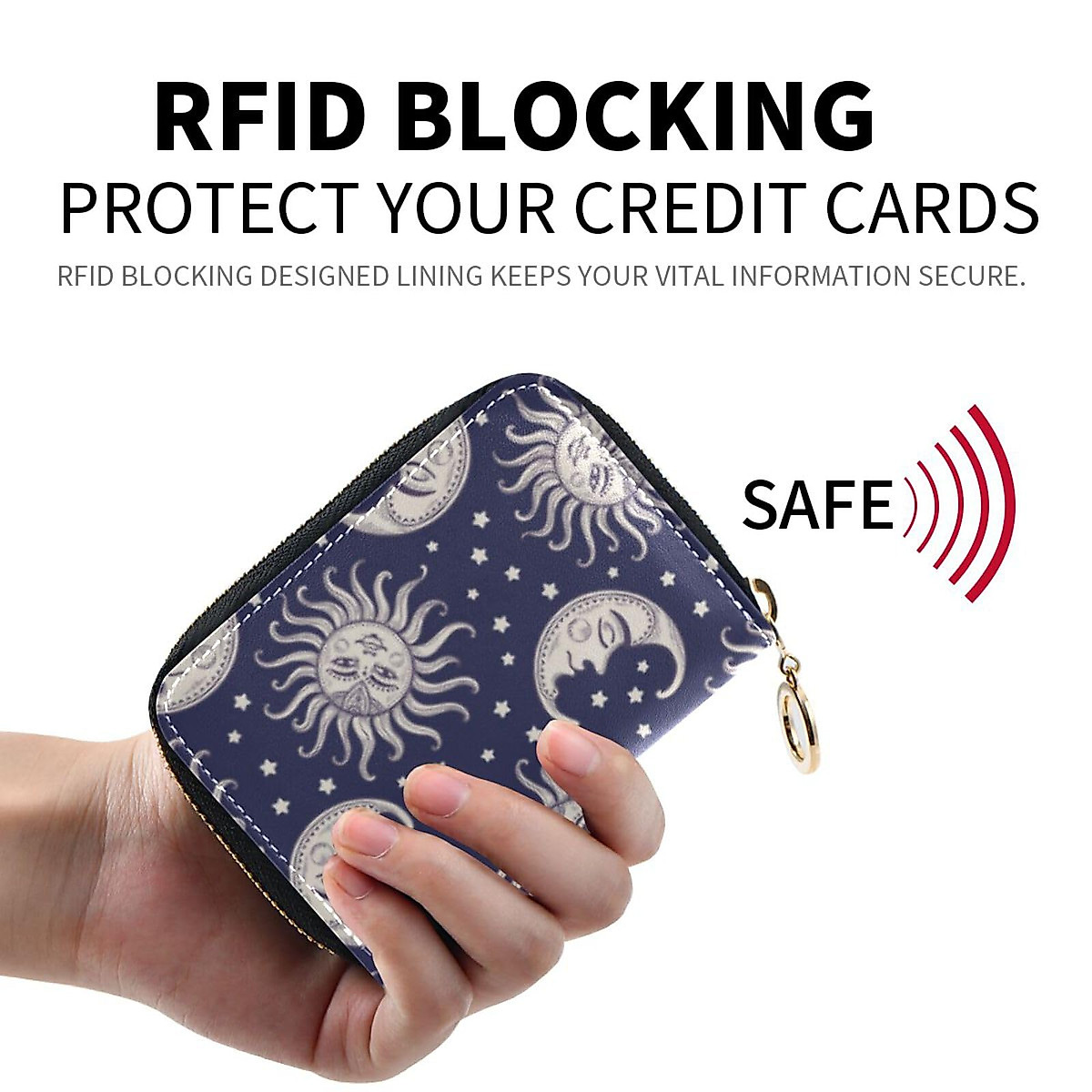 Sletend RFID Credit Card Holder Vintage Sun Moon Leather With Zipper Card Case Wallet for Women Girls