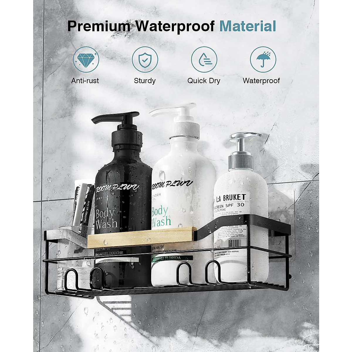 TJ.MOREE Shower Caddy 4 Pack, Adhesive Black Bathroom Shelves with 2 Soap Holders, Farmhouse Bathroom Decor, No Drilling Rustproof Shower Rack Organizer for Bathroom & Kitchen, RV, Apartment, Dorm