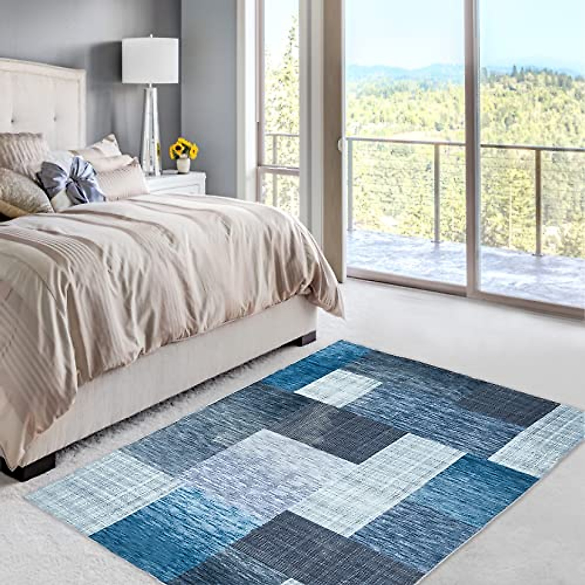 RUGSREAL Washable Area Rug for Living Room Contemporary Tile Trellis Floorcover Indoor Carpet Geometric Boho Trellis Distressed Accent Area Rugs for Bedroom, Home Office, Blue, 5 x 7 Feet