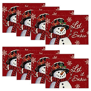 Artoid Mode Red Snowman Let It Snow Winter Placemats Set of 8, 12x18 Inch Seasonal Christmas Holiday Table Mats for Party Kitchen Dining Decoration