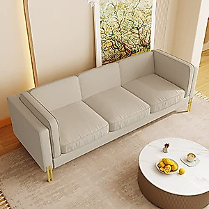 Lostcat Velvet Sofa Couch Mid Century Modern Upholstered 3-Seater Loveseat with Armrest and Stainless Steel Legs for Living Room, Apartment and Small Space, Beige