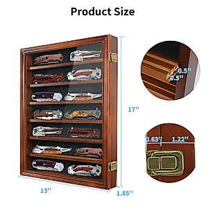 ASmileIndeep Pocket Knife Display Case 7 Rows Lockable Wooden Knife Shadow Box with HD Tempered Glass, Military Folding Knife Cabinet Stand for Wall with Removable Shelves, Walnut