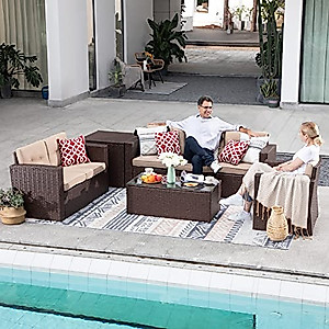 Super Patio 8 Pieces Patio Furniture Set, Outdoor Sectional Sofa, PE Wicker Patio Conversation Sets with Storage Box, Coffee Table, Three Red Pillows, Brown