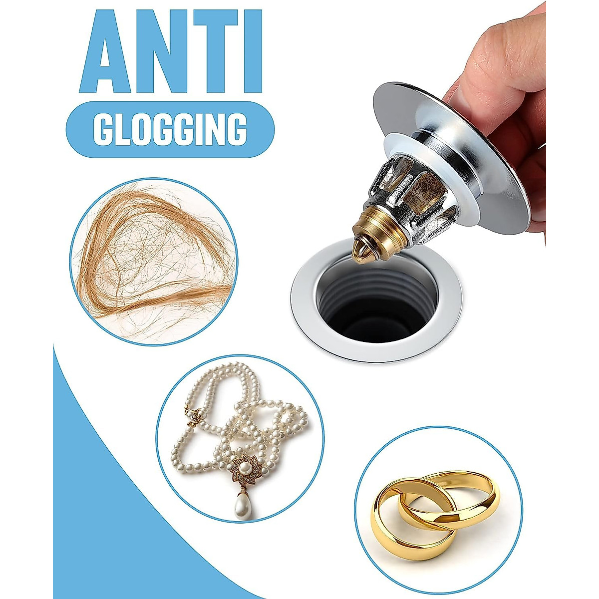 Fits Any 1.25” to 1.65” Wide tub Drain Stainless Steel Sink Cover, pop-up Universal Odor Resistant Sink Drain with Silicone Gasket, and Shower Cap with Anti Clogging Filter