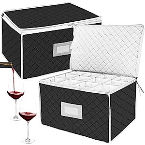 Xmasorme Wine Glass Storage Boxes with Dividers 2 pack, China Storage Containers Chest,Holds 12 Wine Glass or Crystal Glassware with Dividers and Label Window for Moving,Picnic(Black)