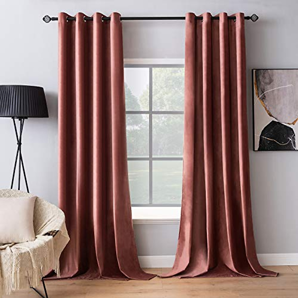 MIULEE Velvet Curtains Dusty Rose Grommet Curtains Thermal Insulated Soundproof Room Darkening Curtains/Drapes for Living Room Bedroom Decor 52x90 Inch Set of 2 Bundle Pinch Pleated Curtains 2 Panels
