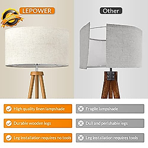 LEPOWER Wood Tripod Floor Lamp, Mid Century Standing Lamp for Living Room, Flaxen Lamp Shade, Modern Design Standing Lamp with E26 Lamp Base, Tall Floor Lamp for Bedroom, Study Room and Office