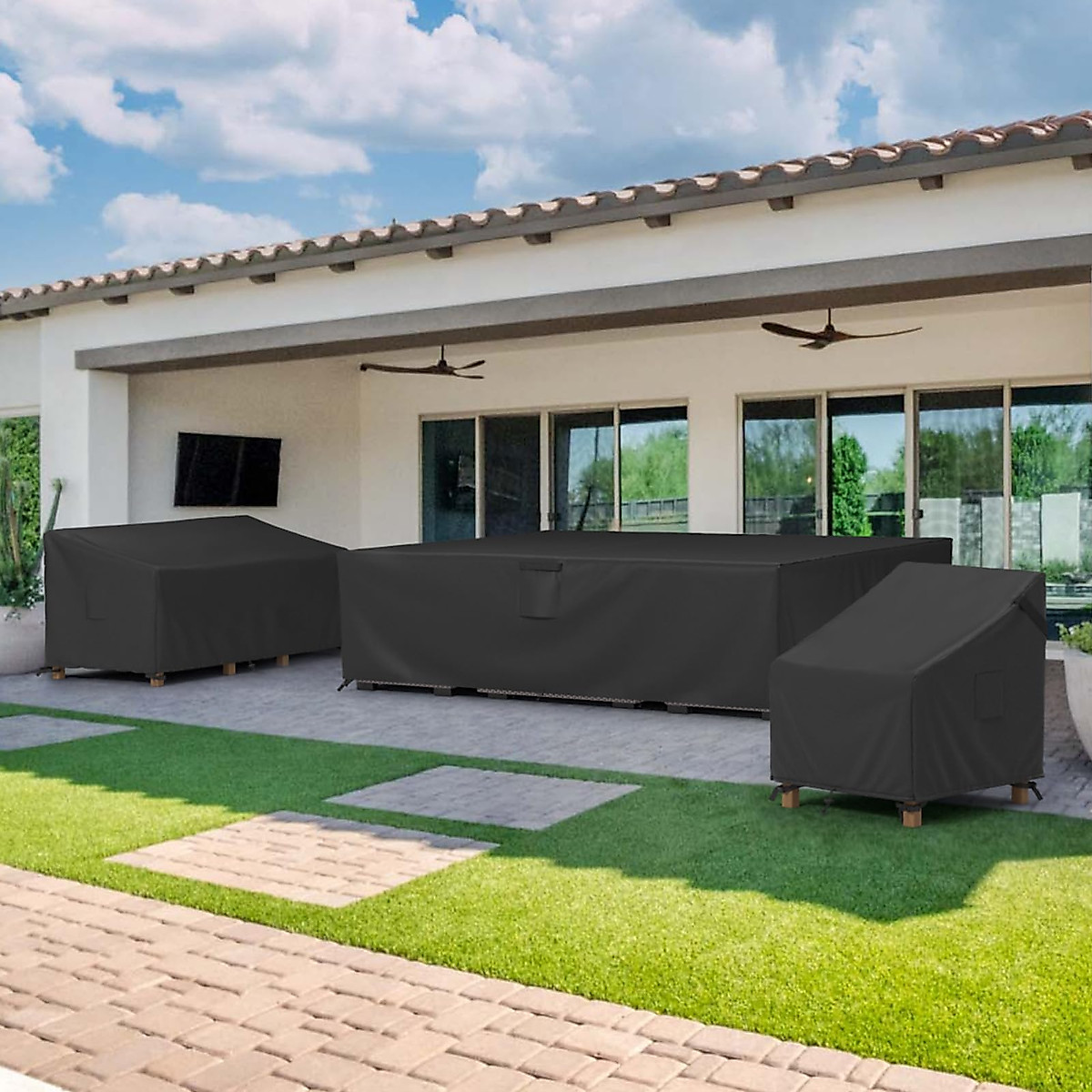 MR. COVER Patio Furniture Covers Waterproof, Outdoor Furniture Cover Fits up to 124L x 63W x 28H Inches, Rectangular Table and Chair Set Covers Rip-resistant Material with Windproof Buckles