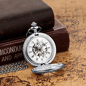 TREEWETO Antique Mens Pocket Watch Skeleton Mechanical Half Hunter Silver Case Roman Numerals