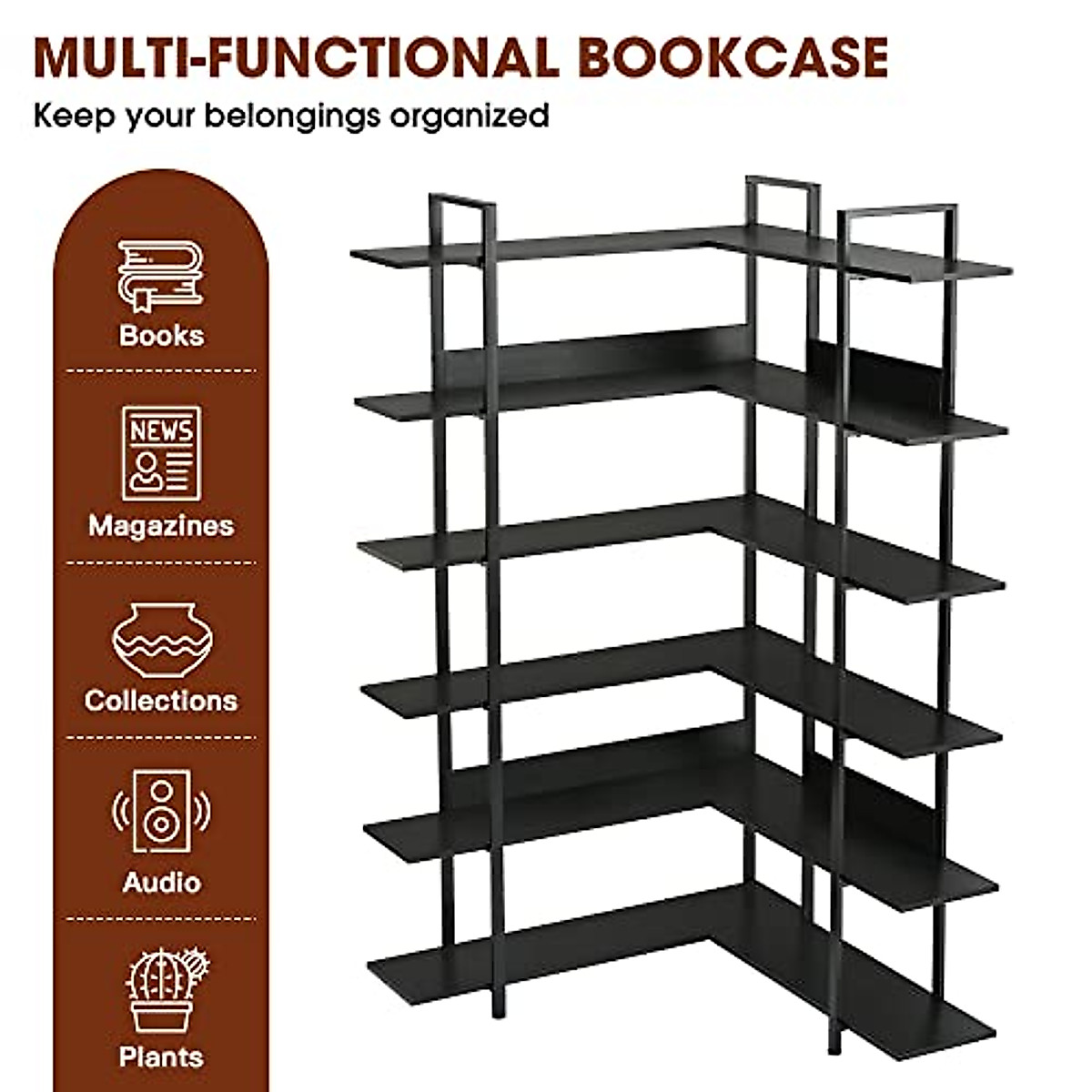 Corner Bookcase, 6-Tier L-Shaped Tall Bookshelf with Open Storage, Freestanding Industrial Shelf with Metal Frame for Home Office Funiture(Black)