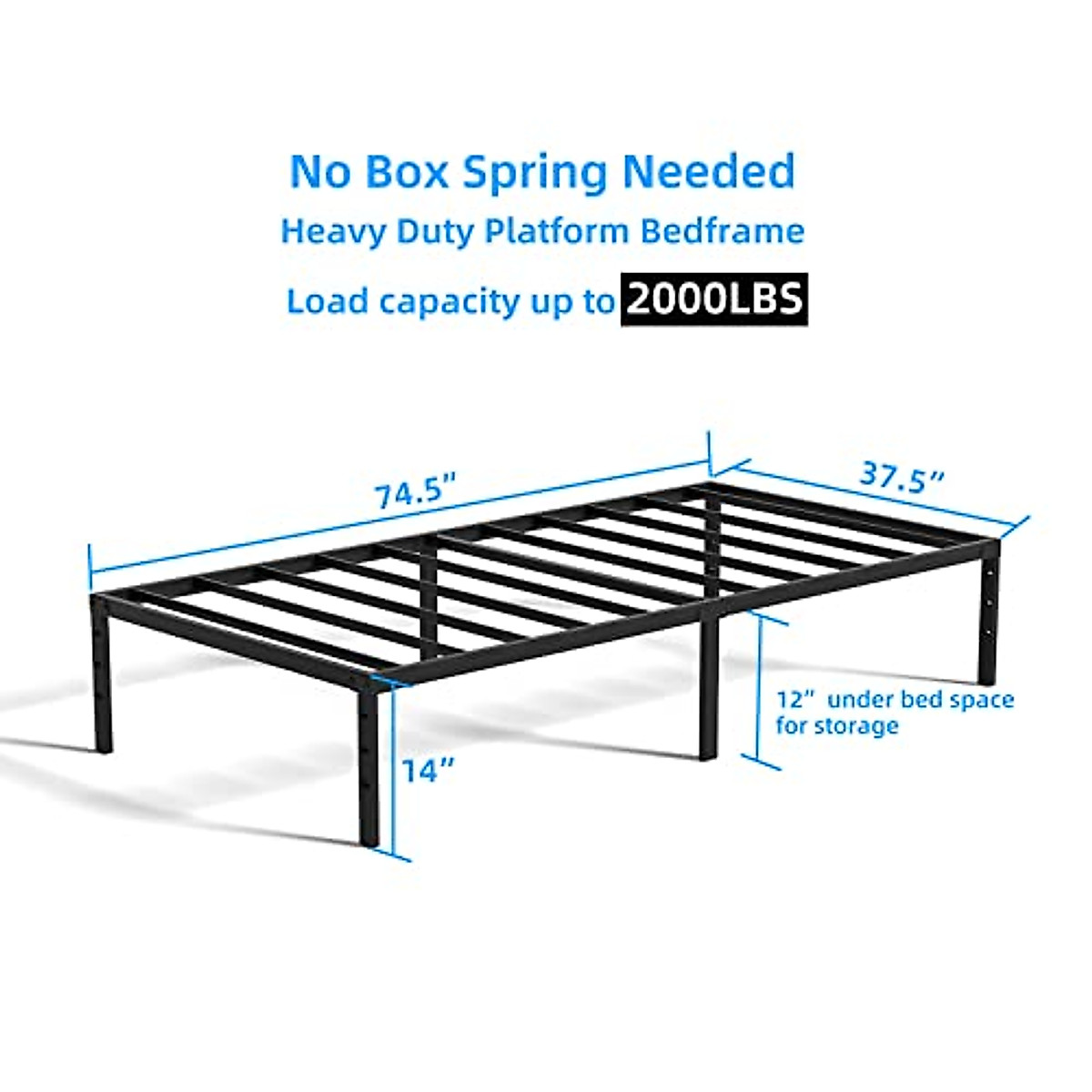 Meberam 14 Inch Twin Size Metal Platform Bed Frame Heavy Duty Mattress Foundation Support No Box Spring Need, Black