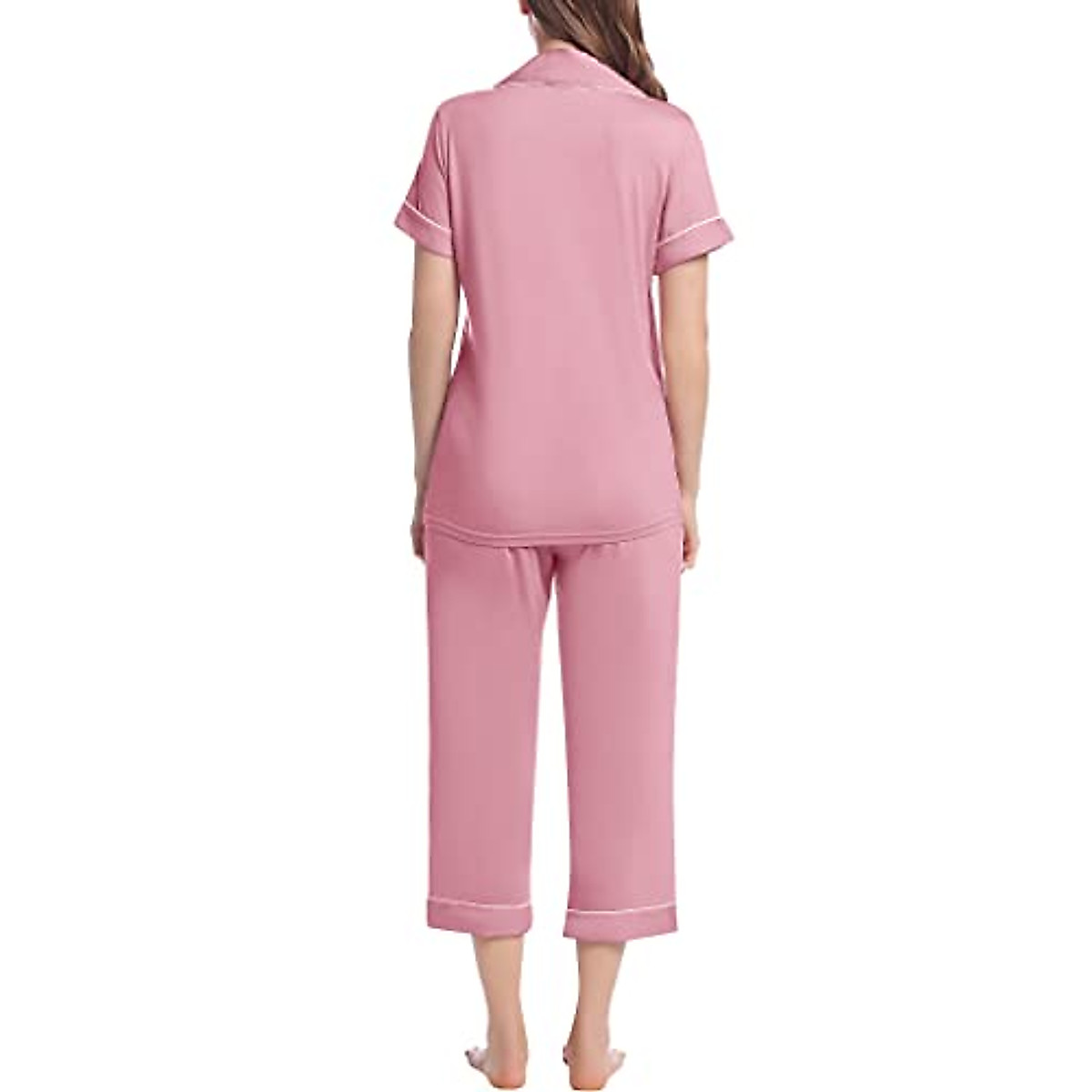 Joyaria Bamboo Pajamas for Women Cooling Capri Pj Sets Short Sleeve(Dusty Pink,Large)