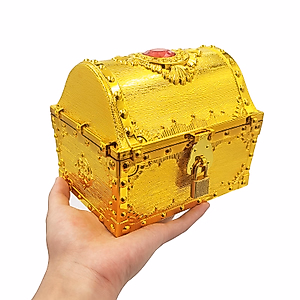 Pemalin Kids Pirate Treasure Chest Large Size Storage Box, Gem-encrusted Gold Decorative Chest with Lock and Key for Kids Birthday, Halloween, Christmas Pirate Party Favors