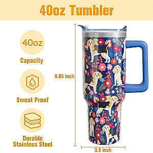 owbgsdh Beagle Gifts for Women Dog Lovers 40 oz Floral Beagle Tumblers with Handle and Straw, Stainless Steel Vacuum Insulated Travel Coffee Mug Cup Water Bottle