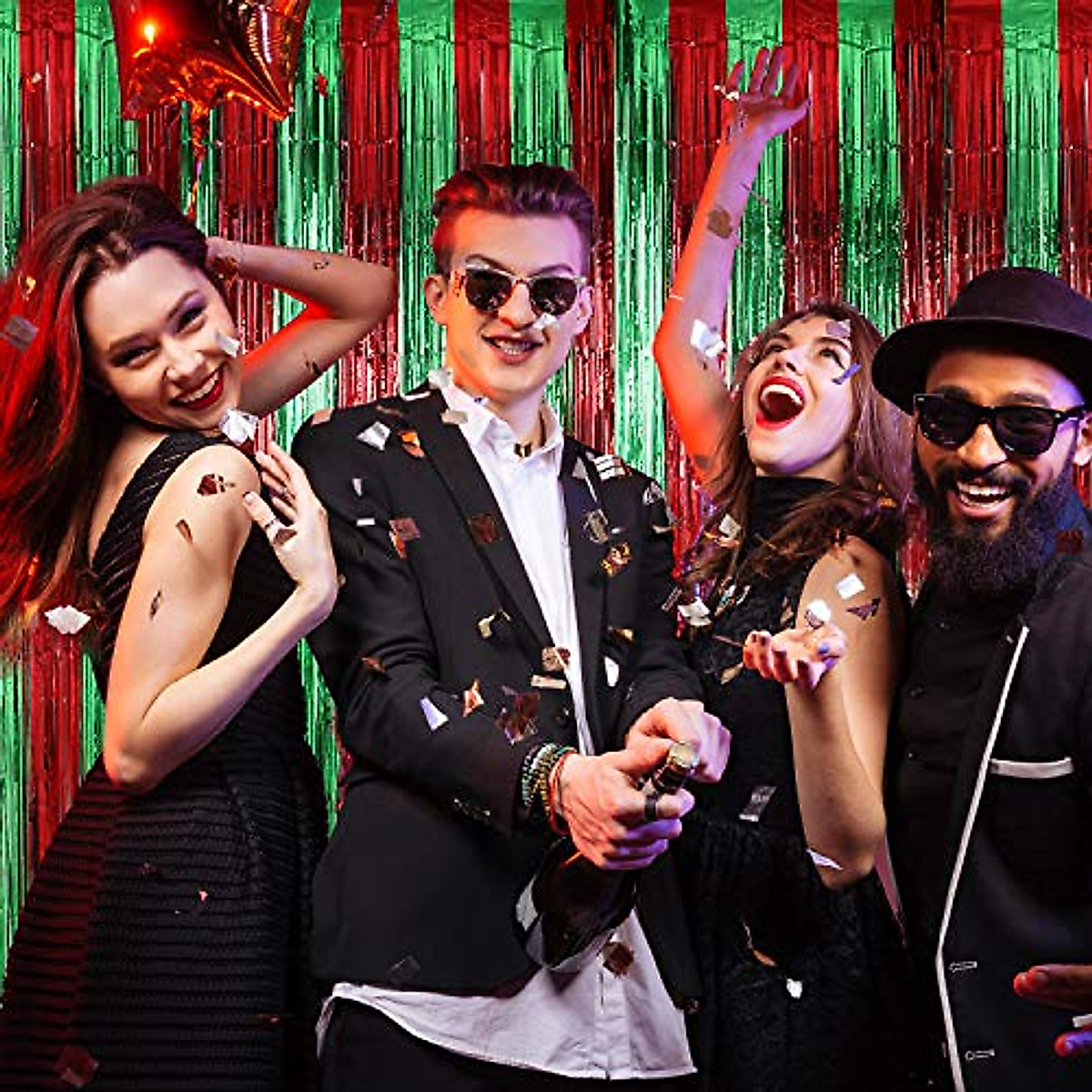 Sumind 3 Pack Metallic Tinsel Curtains, Foil Fringe Shimmer Curtain Door Window Decoration for Birthday Wedding Party (Red with Green)