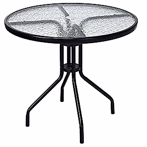 Tangkula 32” Outdoor Dining Table Round, Tempered Glass Top Steel Frame with 1.6 inch Umbrella Hole, All Weather Patio Side Table for Backyard Lawn Balcony Poolside or Garden