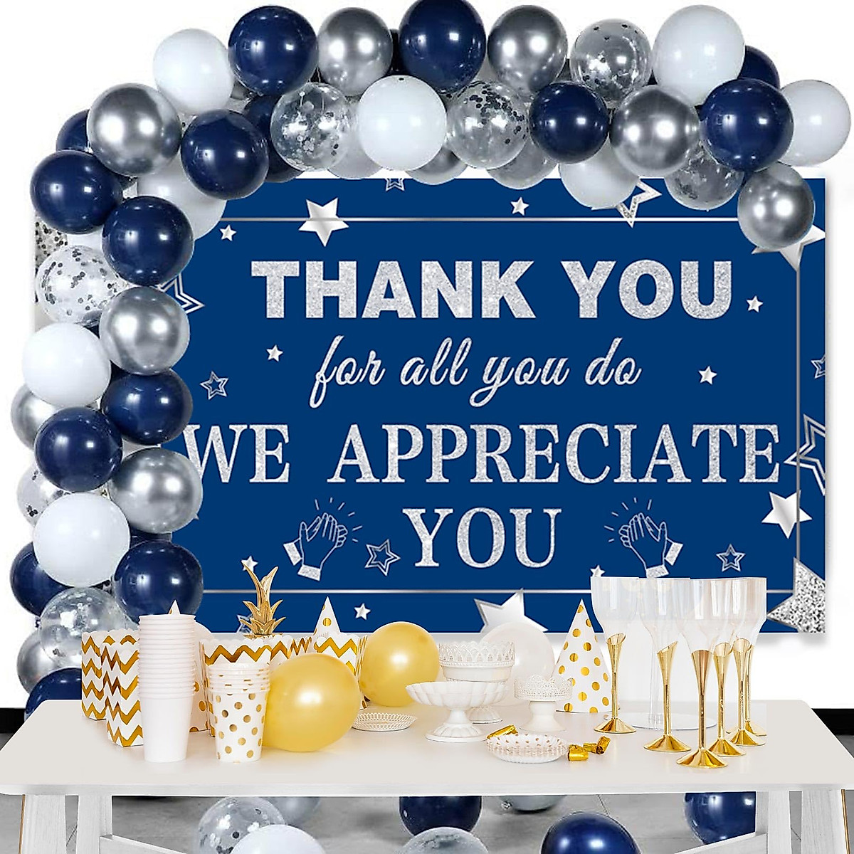 We Appreciate You Decorations Blue Silver Thank You Banner with Balloons Arch Kit We Appreciate You Backdrop for Employee Staff Teacher Doctors Nurse Poaster Volunteer Appreciation Week Party Decor