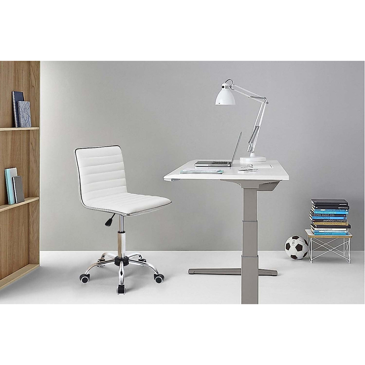 Furmax Mid Back Task Chair,Low Back Leather Swivel Office Chair,Computer Desk Chair Retro with Armless Ribbed (White)