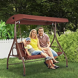 VEVOR 3-Seat Patio Swing Chair, Converting Canopy Swing, Outdoor Patio Porch with Adjustable Canopy, Removable Thick Cushion and Alloy Steel Frame, for Balcony, Backyard, Poolside, Brown