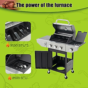 3-Burners Propane Gas Grill with Side Burner & Thermometer, 33950 BTU Output Stainless Steel Grill for Outdoor BBQ and Camping, Patio Backyard Barbecue(3 Burner+Side Burner)