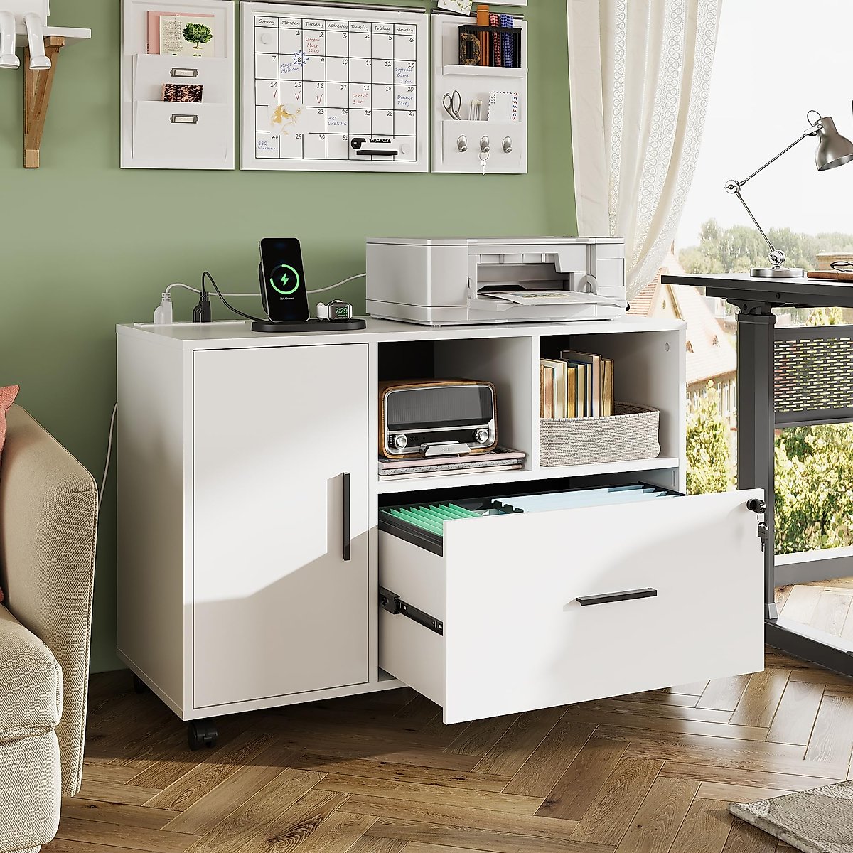 DEVAISE File Cabinet with Charging Station, 1-Drawer Lateral File Cabinets with Lock for Home Office, Wooden Rolling Printer Stand with Shelves, White