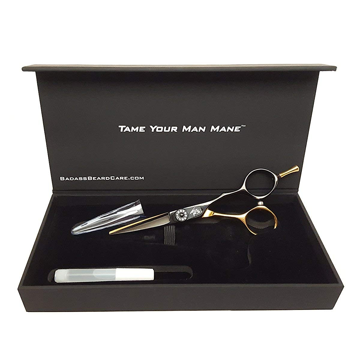 Badass Beard Care Gold Series Barber Quality Beard Shaping Scissors - 5.25 inches long, Surgical Grade Stainless Steel (HRC 59-61), Hand adjustable tension knob