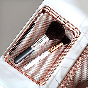 Wrought Iron Storage Basket - Desktop Organizer Container - for Kitchen Cabinets, Pantry, Bathroom - 2 Pack,Rose Gold(Small)