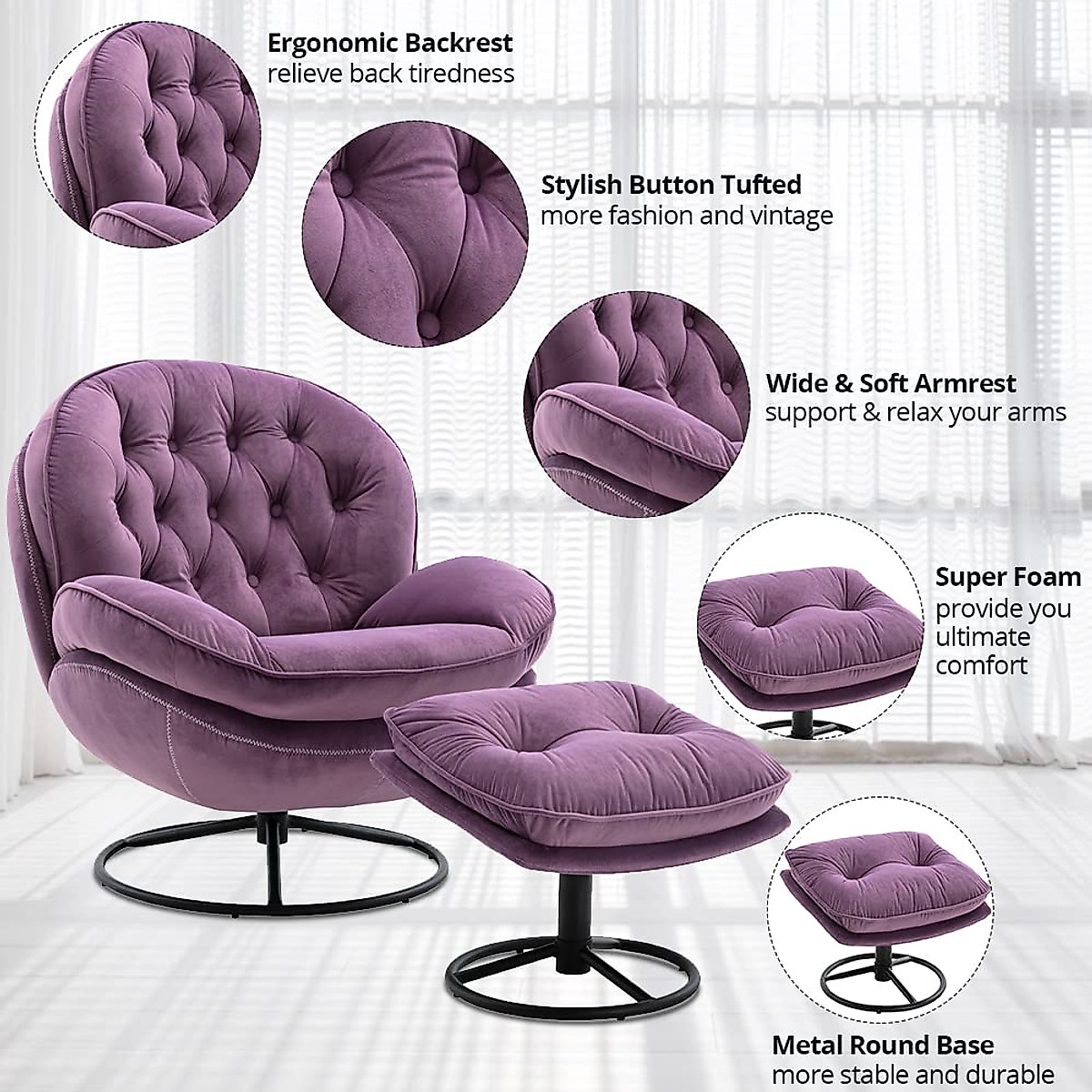 LLS Velvet Swivel Accent Chair with Ottoman Set, Purple, Comfortable Single Leisure Sofa Chair with 360 Degree Swiveling for Living Room