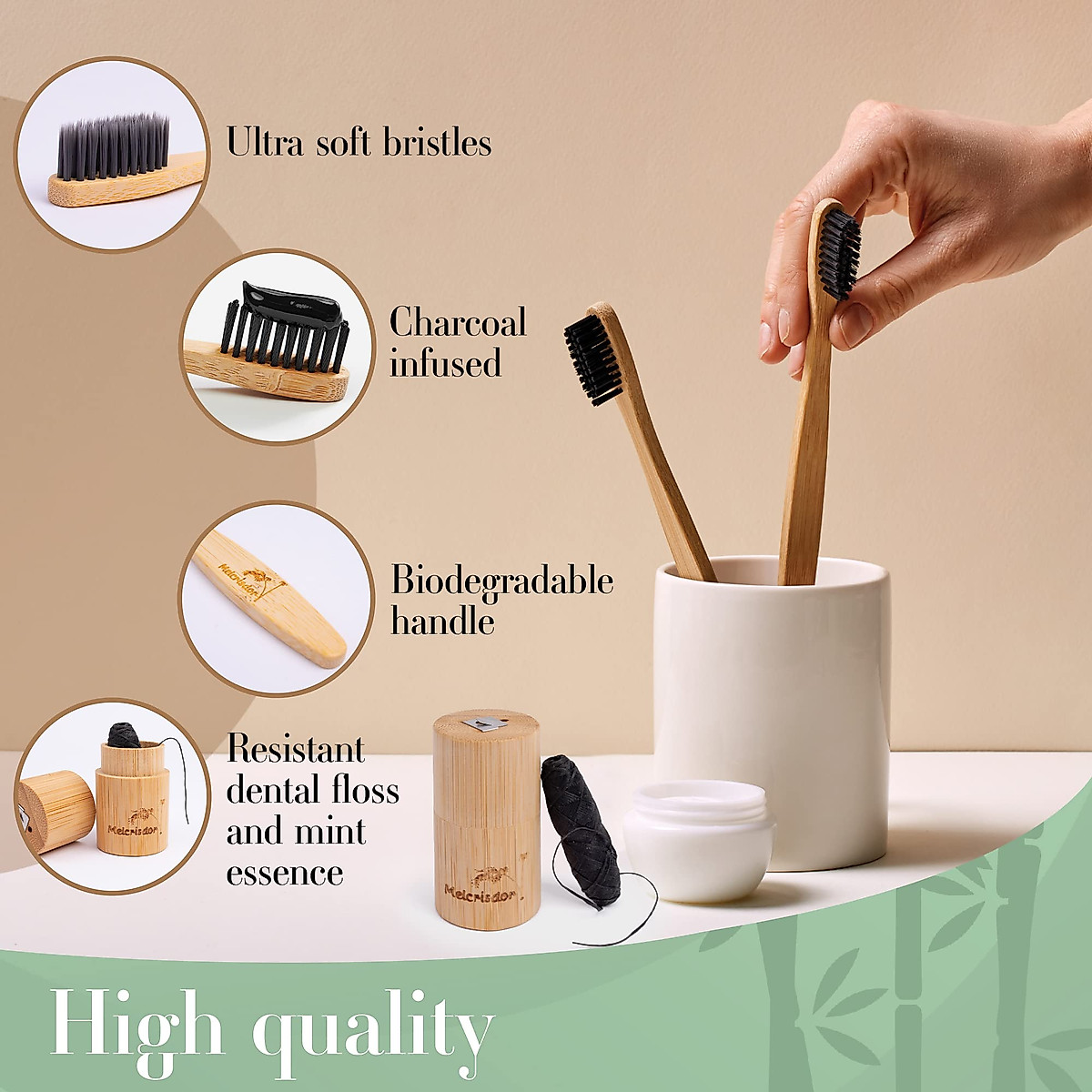 Bamboo Toothbrushes Set - Holder Charcoal Dental Floss,Interdental Brushes and Metal Tongue Scraper