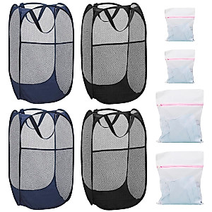 4Pcs Mesh Pop Up Laundry Hamper, FHDUSRYO Foldable Pop Up Hamper, Collapsible Laundry Basket with Carry Handles, Portable Dirty Clothes Basket with 4 Wash Bags, Mesh Hamper for Dorm Bedroom Travel