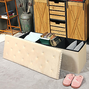PINPLUS Folding Storage Ottoman Bench, Folding Velvet Tuffed Foot Rest Stool with Rivet, End of Bed Bench Large Long Toy Shoes Chest for Bedroom Entryway Living Room, Beige, 41.3 Inches
