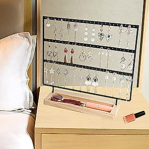sovia Earring Organizer 3-Tier 75 Holes Jewelry Organizer Display Stand,Metal Earring Holder with Wood Basic stand,Necklace holder Storage Tray for Ring,Earrings,Ear Stud,Bracelets(Black)