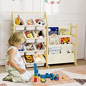 Oenalw Wooden Toy Storage Organizer Kids Bookshelf, with 12 Toy Organizer Bins, Child Book Shelf for Kids Rooms, Nursery, Baby Room, Playroom, Montessori Toys Storage Organizers Rack Bookcase Shelves