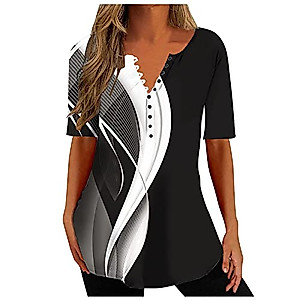 Cute Top Women Blouses Summer 2023 Graphic Tshirt Shirts Short Sleeve Dressy Blouse Loose Fit Tunic Top Button V Neck Fashion Black XL