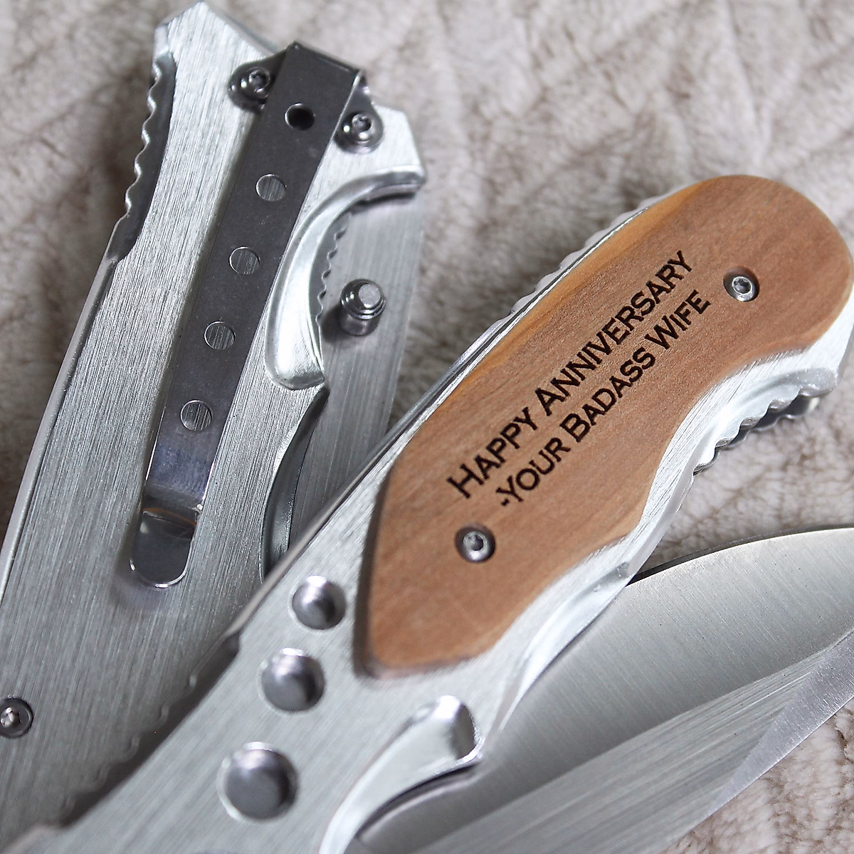 Anniversary Gift For Men Custom Engraved I Love You More Wood Handle Folding Pocket Knife (Stainless Steel)