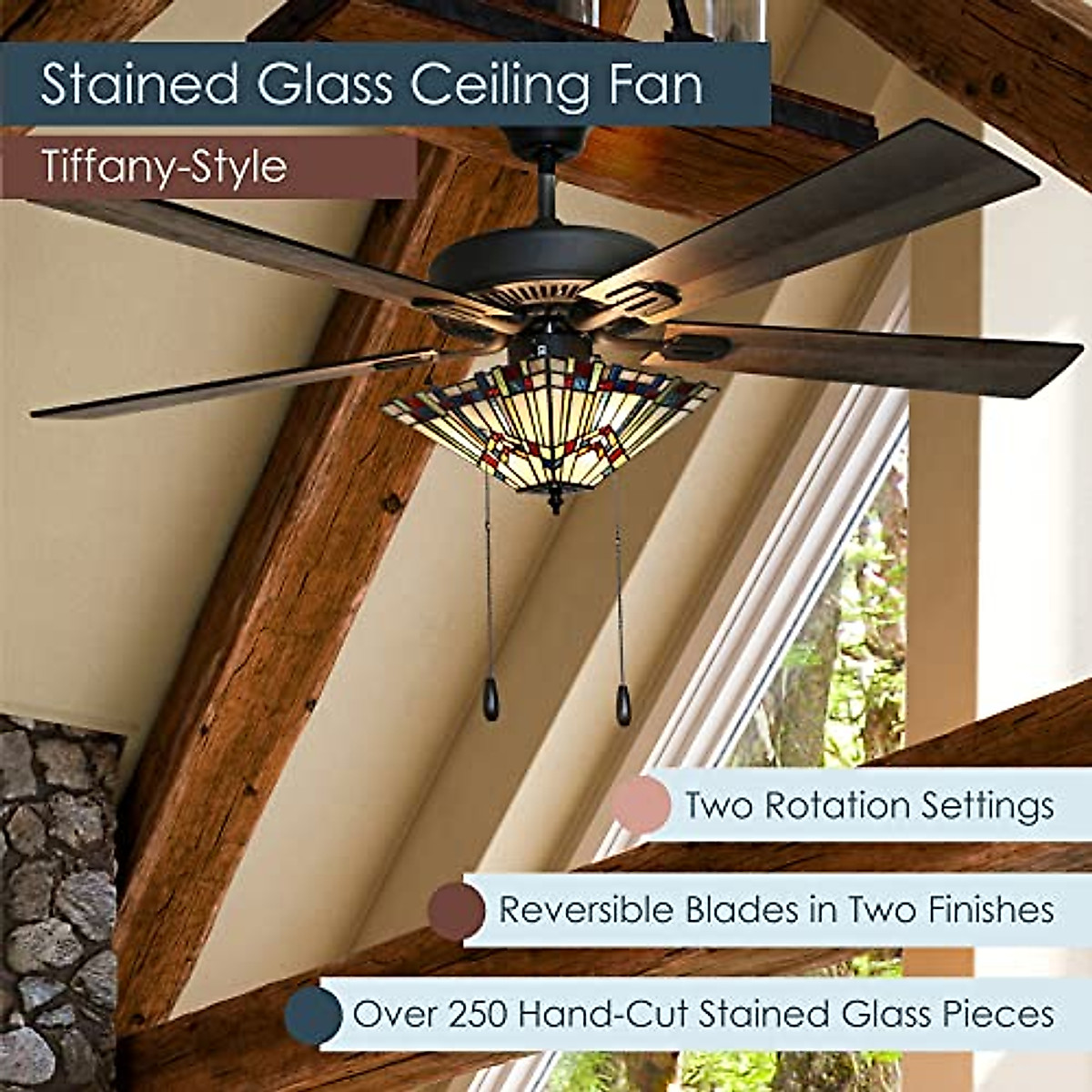 RIVER OF GOODS Craftsman LED Ceiling Fan - 52" L x 52" W - Tiffany-Style Stained Glass Ceiling Fan with Lights